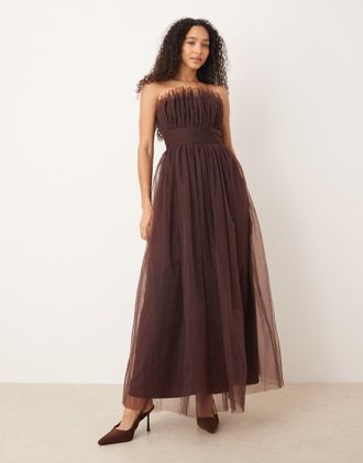 Lace & Beads Robe bandeau longue &agrave; taille en tulle - Prune chocolat-Brown