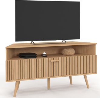 IDMarket TV-M&ouml;bel 110 cm Eckschrank Juliette 1 T&uuml;r mit Latteneffekt, eichenfarbig