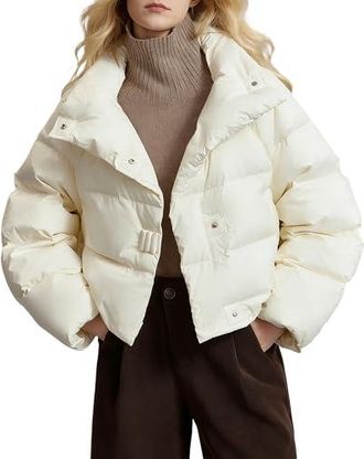 Generic Manteau dhiver court d&eacute;contract&eacute; matelass&eacute; avec fermeture &eacute;clair pour femme - Veste dhiver chaude pour femme, beige, XL