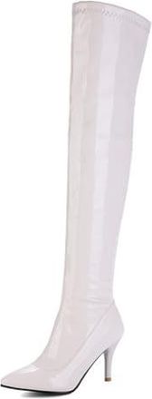 Generic Blanc,45 EU,Bottes Cuissardes en Cuir Verni PU pour Femmes, Bout Pointu, Fermeture éclair latérale, Talons Aiguilles Confortables, Tendance, Cuissarde