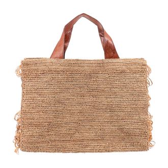 Ibeliv Femme, Sacs, Beige, Taille: ONE Size Sac &agrave; main en raphia avec anses en cuir