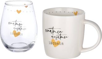 Gilde 51350 - Tasse und Glas, 2er Set, mit Geschenkkarton, einatmen ausatmen lächeln, Tasse Porzellan: H 9,3 x D 8,8 x B 12,5 cm / 350 ml Füllmenge, Glas: H