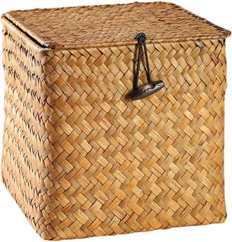 DOITOOL Stroh Rattan Aufbewahrungskorb mit Deckel Quadratischen Korb Aufbewahrungsbehälter Tee Aufbewahrungsbox mit Deckel Organizer Home Dekoration (Mittel)