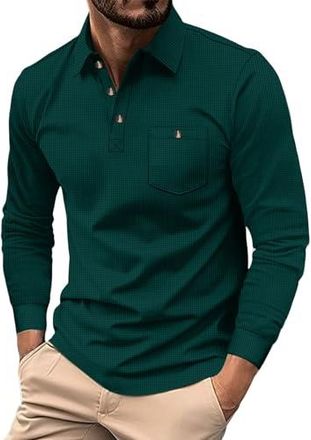 Generic Polo d&eacute;contract&eacute; gaufr&eacute; &agrave; manches longues textur&eacute; &agrave; col montant boutonn&eacute; pour homme - Haut de golf l&eacute;ger pour homme, Vert noir, 3XL