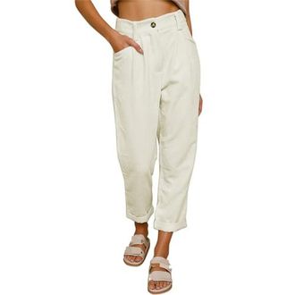 Generic Pantalon d&eacute;contract&eacute; en velours c&ocirc;tel&eacute; taille haute avec poches pour femme, blanc, 3XL