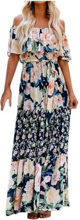 Generic Robe boh&egrave;me 2026 pour femme, robe longue &agrave; &eacute;paules d&eacute;nud&eacute;es avec imprim&eacute; floral - Tenue de plage longue et &eacute;l&eacute;gante et d&eacute;contract&eacute;e, vert fonc&eacute;, XXL