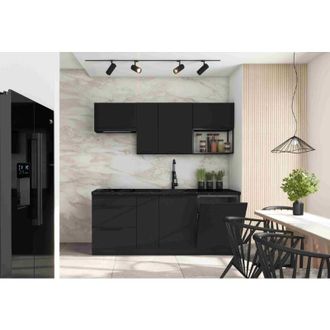 Furnix Küchenmöbel-Set Linares 200 cm Einbau-Küche mit Hängeschränken Schwarz - Furnix