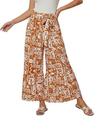 Generic Robe boh&egrave;me 2026 pour femme - Imprim&eacute; floral boh&egrave;me - Jambe large - Pantalon palazzo &agrave; taille &eacute;lastique - Ceinture &agrave; nouer - Pantalon long d&eacute;t&eacute; d&eacute;cont