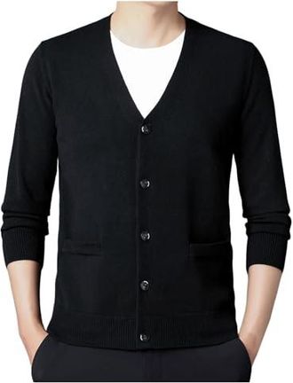 Generic Cardigan pour homme et hiver &agrave; manches longues col en V fil de laine pull tricot&eacute; veste tendance texture unie bouton tenue festive homme, Noir, 3XL