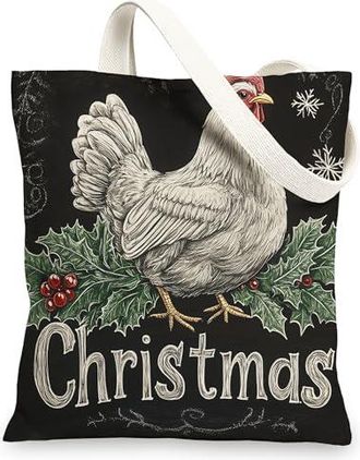 Generic Sac fourre-tout en toile motif poules de No&euml;l pour faire du shopping, 33 x 38,1 cm, sac d&eacute;picerie r&eacute;utilisable pour femme, peinture danimaux, d&eacute;corati