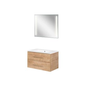 Fackelmann B.perfekt Badm&ouml;bel Set 3-teilig, 80 cm, Braun hell, LED-Spiegel-09822