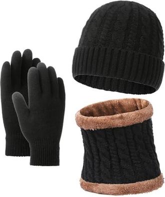 Generic Ensemble de bonnets, écharpes, gants pour écran tactile, cache-cou, écharpe, chapeau pour homme et femme, Noir, Taille unique