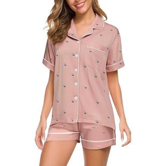 Generic Ensemble de pyjama pour femme à manches courtes - Pyjama boutonné en coton deux pièces confortable à carreaux Coupe ample Poches avant Col en V Vêteme