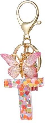 Generic Porte-cl&eacute;s en r&eacute;sine paillet&eacute;e 26 lettres avec papillon pompon porte-cl&eacute;s crochet, t, taille unique