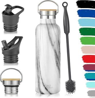 Milu Bouteille en acier inoxydable 350ml, 500ml, 750ml, 1l (+3 couvercles) - Bouteille thermo avec paille, bouteille deau, pour boissons chaudes, froides e