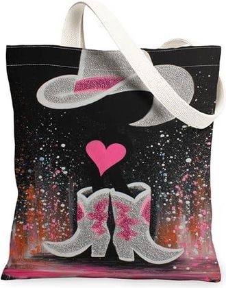 Generic Cowgirls Sac fourre-tout en toile Motif bottes occidentales r&eacute;utilisables Vintage Artistique L&eacute;ger Lavable, noir, 13x15 Inch
