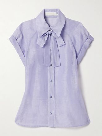 Zimmermann Chemisier En Organza De Lin Et De Soie Mélangés À Col Noué Et À Cristaux Crush - Violet