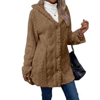 Generic Cardigan &agrave; capuche en jacquard &agrave; manches longues pour femme - Automne Hiver - Chaud - Grande taille - Manteau long en fausse fourrure, camel, 3XL