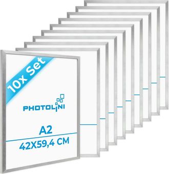 Photolini Bilderrahmen A2 Holz MDF Silber, 10er Set Picture Frame Rahmen 42x59,4 mit bruchsicherem Acrylglas, DIN A2 Bilderrahmen 42x60 zum Aufhängen, mit Zubeh