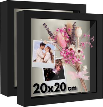 Americanflat 3D-Bilderrahmen zum Bef&uuml;llen in Schwarz - 2er Set - 20x20 cm Tiefer Objektrahmen mit Weichem Leinentuch als R&uuml;ckwand - MDF-Holzrahmen mit Bruchsichere