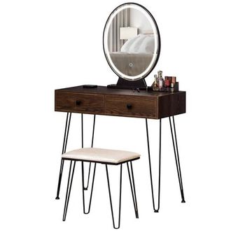 HOMCOM Table de Maquillage Moderne - Miroir LED int&eacute;gr&eacute; et r&eacute;glable - Tabouret Inclus - Pieds en m&eacute;tal Noir - 2 tiroirs + 1 Compartiment de Rangement Effet B