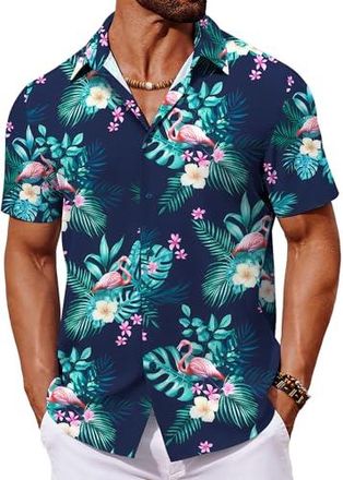 Coofandy Chemise Hawaiian pour Homme Chemise à Manches Courtes Chemise Funky Holiday Blouse Floral Light Hawaiian Shirt Beach Shirt Regular Fit Flamingo Marine