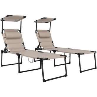 OUTSUNNY Lot de 2 bains de soleil transats pliables r&eacute;glables avec pare-soleil taupe