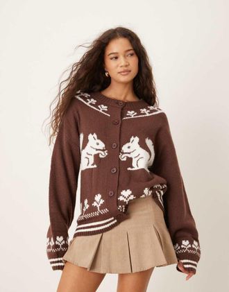 Neon Rose Gilet boutonn&eacute; avec motif &eacute;cureuil - Marron-Brown