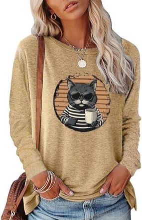 Generic T-shirt &agrave; manches longues pour femme, motif chat dr&ocirc;le et col rond | V&ecirc;tements tendance dautomne | Coupe ample | pour v&ecirc;tements de rue, kaki, XXL