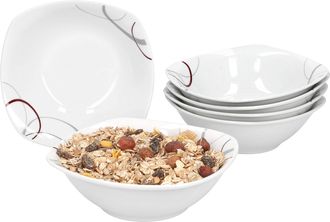 Van Well 6er Set Müslischale Palazzo 14,2cm - kleine Schale/Schüssel aus weißem Porzellan mit Dekor-Kreisen in grau und dunkelrot