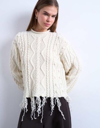 Topshop Strickpullover in Elfenbein mit Zopfmuster und Used-Look-Wei&szlig;