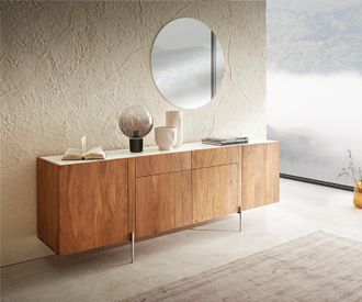 DELIFE Sideboard Secara 200 cm Akazie Natur 4 T&uuml;ren 2 Sch&uuml;be Marmor F&uuml;&szlig;e Edelstahl, Sideboards