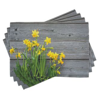 Abakuhaus Gelbe Blume Platzmatten 8 Stück, Blumenstrauß von Narzissen auf den hölzernen Planken, die rustikales Land-Leben-Thema im Garten Arbeiten, Gelb Blaugr