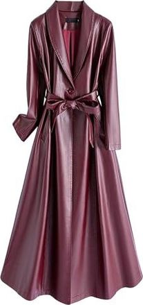 Generic Trench en similicuir pour femme - Longueur mi-longue - Manches longues - Bouton - Pour motard - Tendance - Avec ceinture, rouge vin, XXL