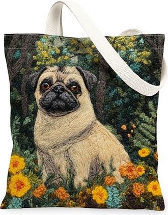 Generic Sac fourre-tout en toile motif carlin printanier 33 x 38,1 cm, style tricot&eacute;, sac d&eacute;picerie r&eacute;utilisable pour femme, peinture esth&eacute;tique, d&eacute;coration c