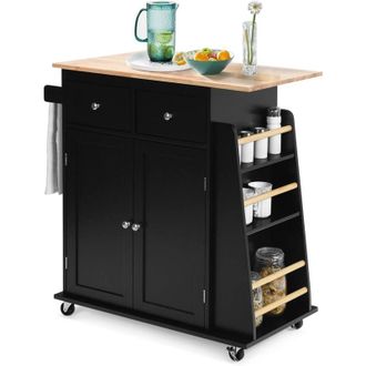 Costway Costway - Desserte de cuisine sur roulettes - Plateau en bois dh&eacute;v&eacute;a - 2 tiroirs, armoire avec &eacute;tag&egrave;re r&eacute;glable 88x46x90cm - Noir