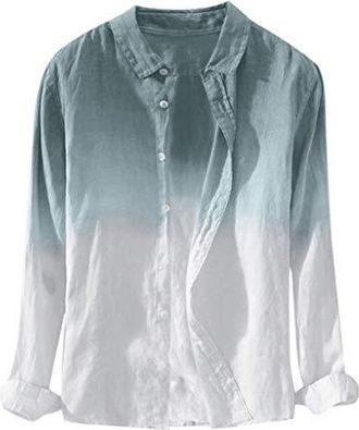 Generic Chemise en coton et lin pour homme avec col - Coupe droite &eacute;l&eacute;gante - Haut d&eacute;t&eacute; avec d&eacute;grad&eacute; de couleur - Confortable - Manches longues - Haut boutonn