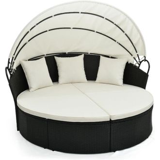 Costway Costway - Lit de jardin rond en rotin PE avec auvent r&eacute;tractable - 2 canap&eacute;s demi-lune - Coussins amovibles - Charge 360 kg - Dimensions 187x180x157