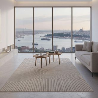 Vimoda Teppich Wohnzimmer Kurzflor Schlafzimmer Wellen Hochtief-Muster/Boho Sakndi,Ma&szlig;e:240 x 330 cm;Farbe:Taupe