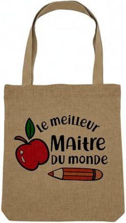 Fabulous Sac Shopping Tote Bag Aspect Lin - Le Meilleur Maitre du Monde Ecole Primaire Maternelle - Sac de Courses Toile Epaisse 360g Beige Naturel Cabas Port&eacute;