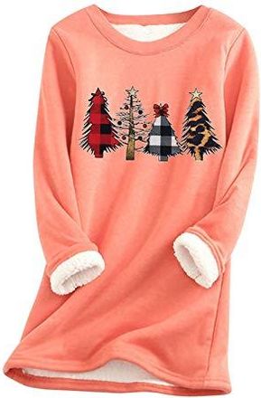 Generic 2026 Sweat-shirt en polaire &eacute;paisse pour femme Imprim&eacute; No&euml;l Velours chaud Col rond Sous-v&ecirc;tements Haut, rouge past&egrave;que, 5XL