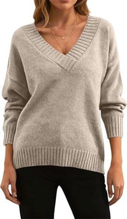 Generic Pull court à manches longues raglan double face et col en V pour femme, pull court dautomne uni décontracté en tricot, abricot, 3XL