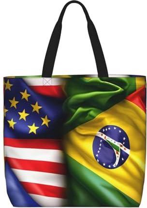 Generic Drapeaux Am&eacute;ricain Et Br&eacute;silien Sac Fourre-Tout Grand Tote Bag D&eacute;contract&eacute; Sac Cabas Pour Shopping Travail Plage