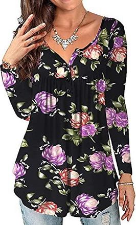 ORANDESIGNE Shirt Femme Fleurs Col en V été Casual Ample Grande Taille Manche Longue Tuniques Blouse Longue Chemisie Henri Hauts à Manches Courtes Tops Tee Shirt 
