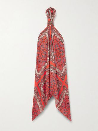Cara Cara Twist Asymmetrisches Neckholder-midikleid Aus Satin Mit Paisley-muster Und Verzierung - Orange