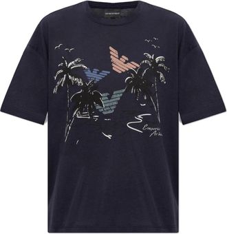 Emporio Armani Leichtes Jersey-T-Shirt mit Multicolor-Print - - Tops - Damen - Blau - M