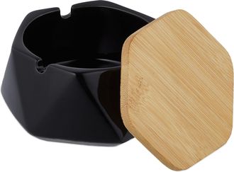 Relaxdays 2 x Aschenbecher mit Deckel, Keramik, drau&szlig;en & drinnen, B x T: 11,5 x 10,5 cm, Windaschenbecher, schwarz/Natur