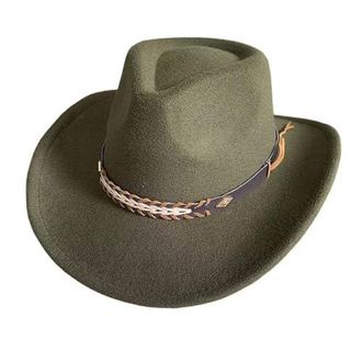 Generic Chapeau de cowboy occidental avec style ethnique en laine &agrave; bord moyen pour ext&eacute;rieur et d&eacute;contract&eacute;, vert militaire, Taille unique