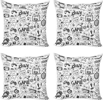 Abakuhaus Videospiele Dekokissen Kissenbezug 4er Pack, Sketch Stil Gaming, Modern Accent Doppelseitiger Digitaldruck, 50 x 50 cm, Wei&szlig; Grau