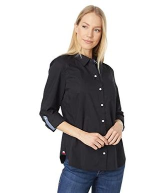 Tommy Hilfiger Solid Button Collared Shirt with Adjustable Sleeves Chemise à Bouton Bas, Noir 01, XL Femme